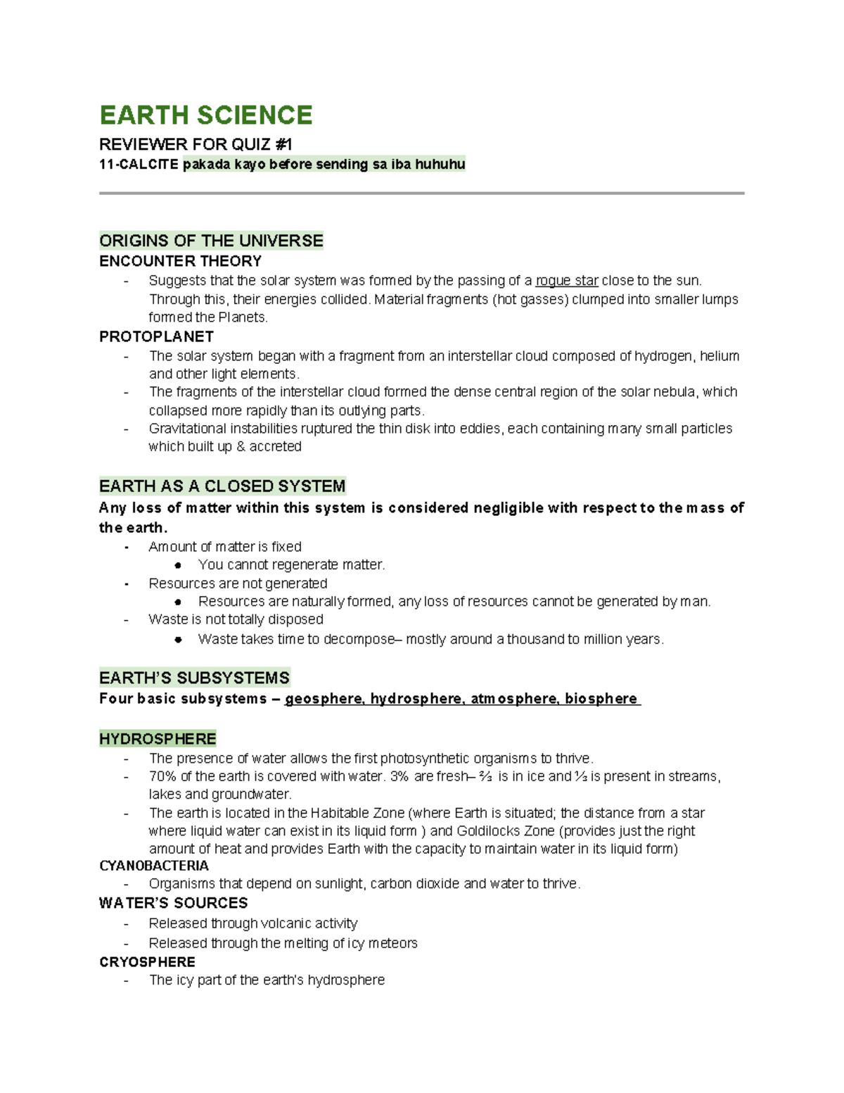 (1st) Earth Science - reviewer - EARTH SCIENCE REVIEWER FOR QUIZ 11 ...