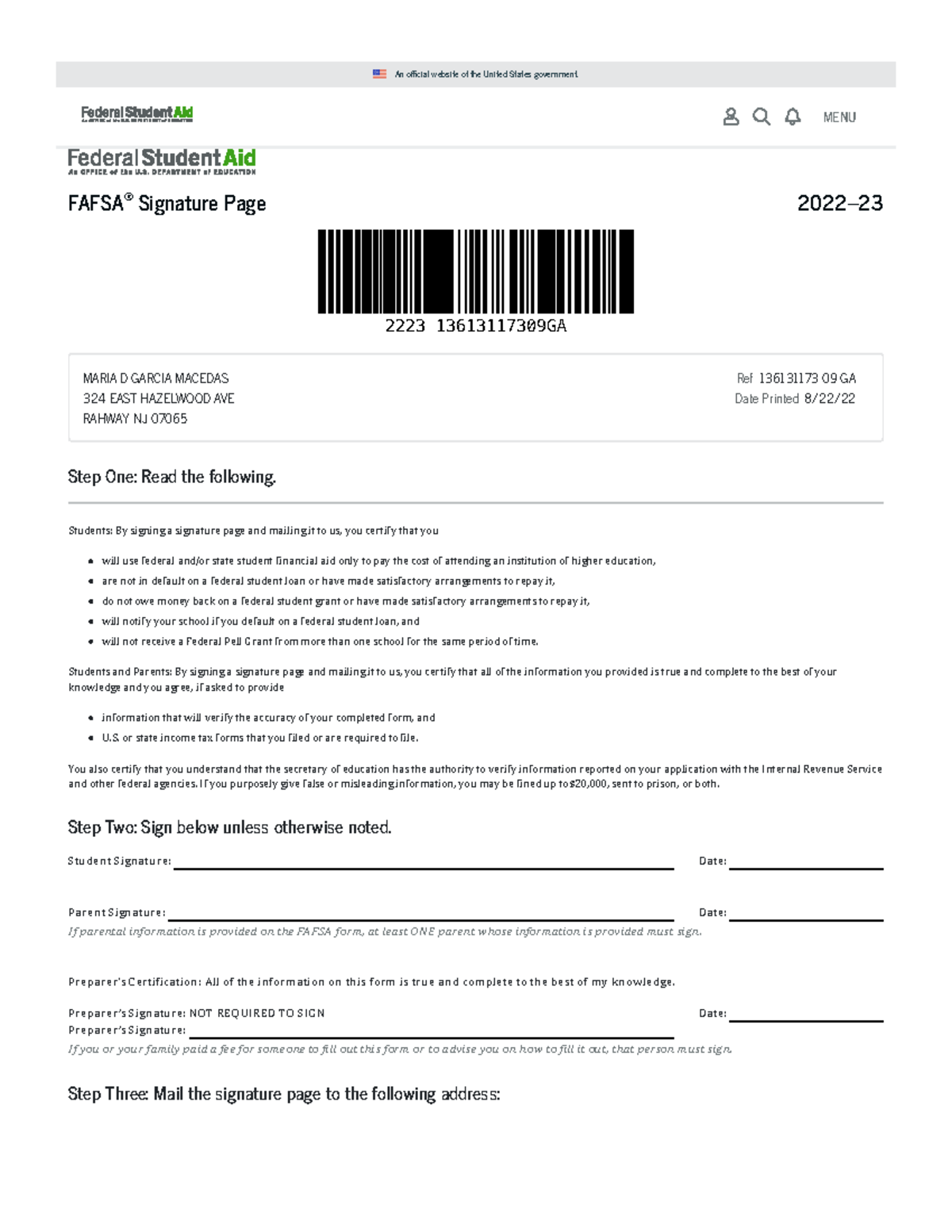 2022-2023 Standalone Print Signature Fafsa Application Federal Student ...