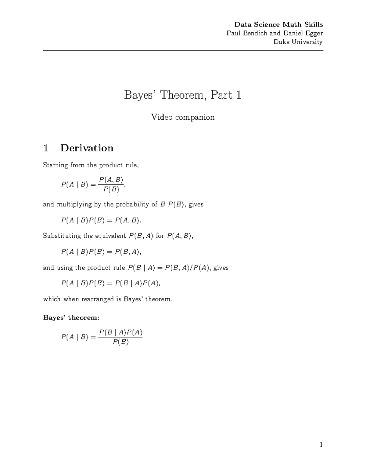 Bayes Theorem Part 1 - Data Science Math Skills Paul Bendich and Daniel ...