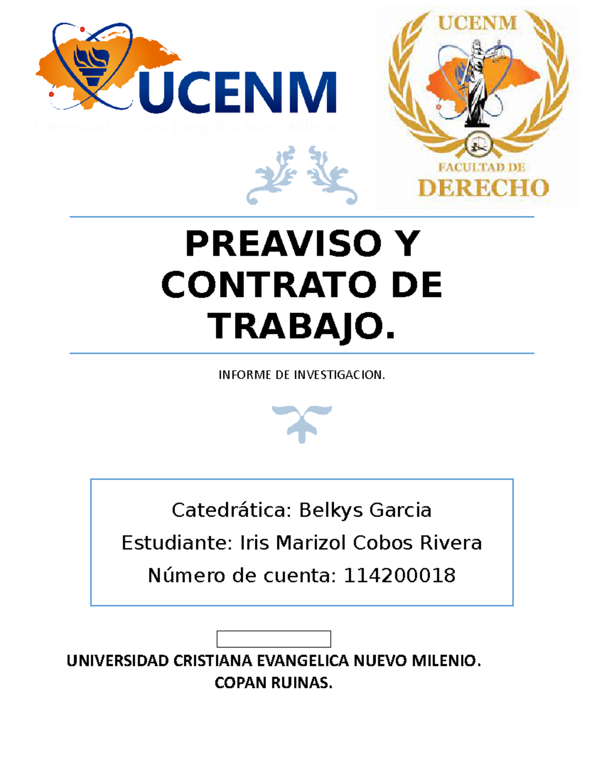 Informe Preaviso Y Contrato DE Trabajo - PREAVISO Y CONTRATO DE TRABAJO. INFORME DE ...