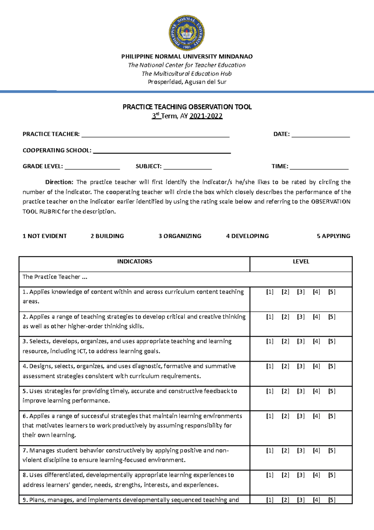 Practice Teaching Observation TOOL - PHILIPPINE NORMAL UNIVERSITY ...