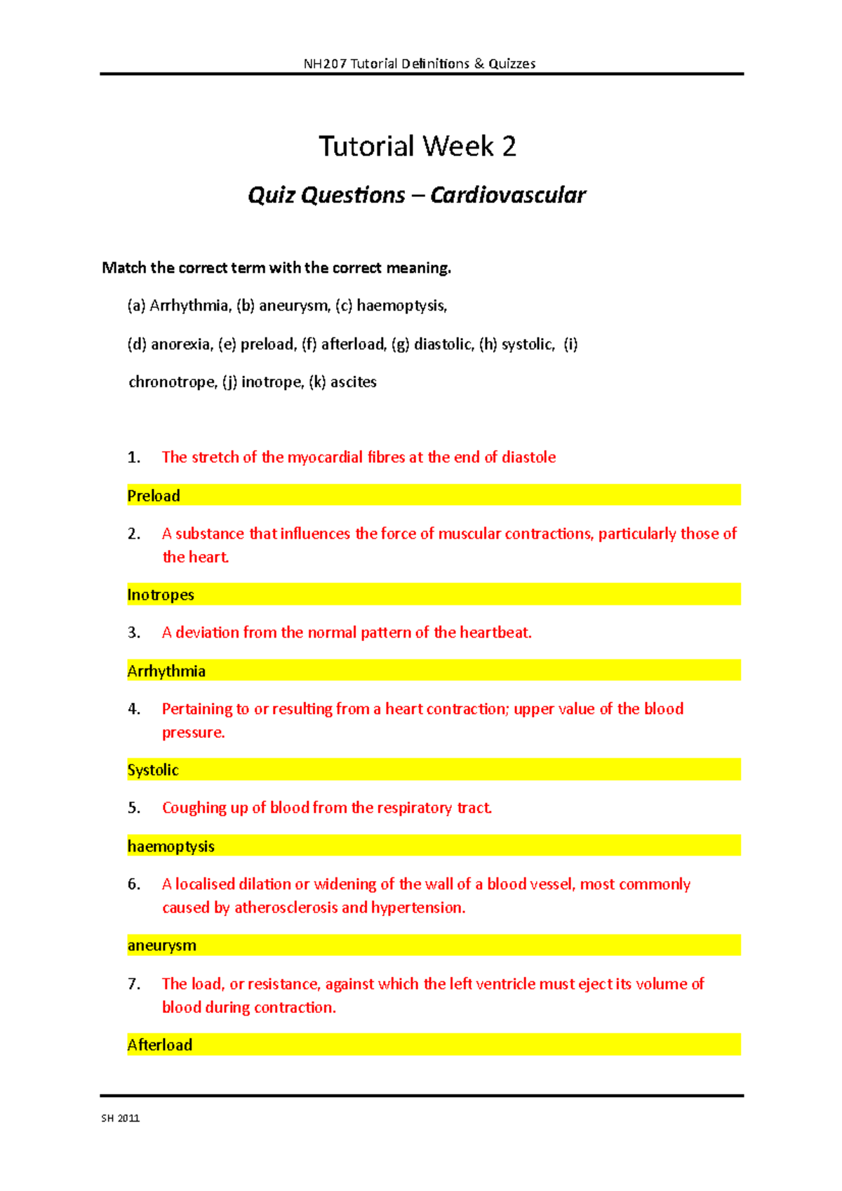 Cardiovascular quiz updated 06 08 13 - Tutorial Week 2 Quiz Questions ...
