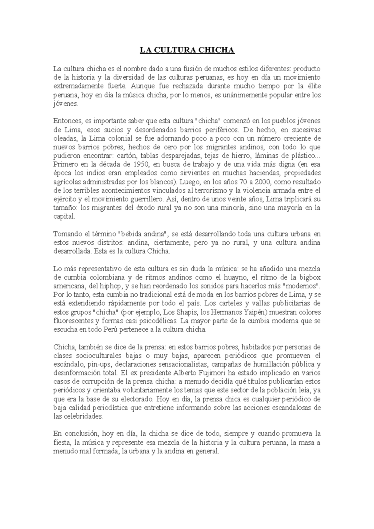LA Cultura Chicha - Texto argumentativo - LA CULTURA CHICHA La cultura ...