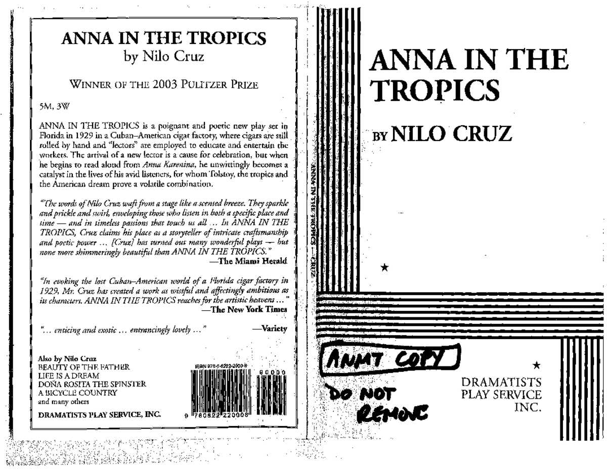 Anna In The Tropics by Nilo Cruz - TDGE 1 - Studocu