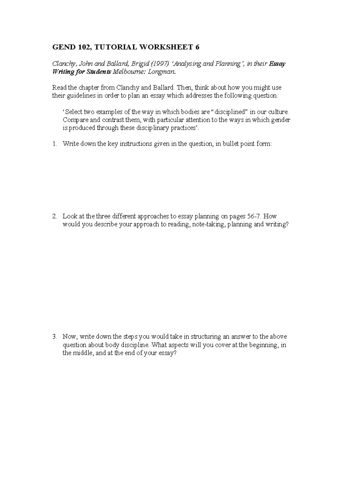 Worksheetessay - worksheet for essay - GEND 102, TUTORIAL WORKSHEET 6 ...