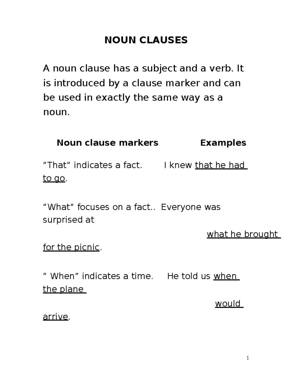 NOUN Clauses - morphology - NOUN CLAUSES A noun clause has a subject and a verb. It is ...