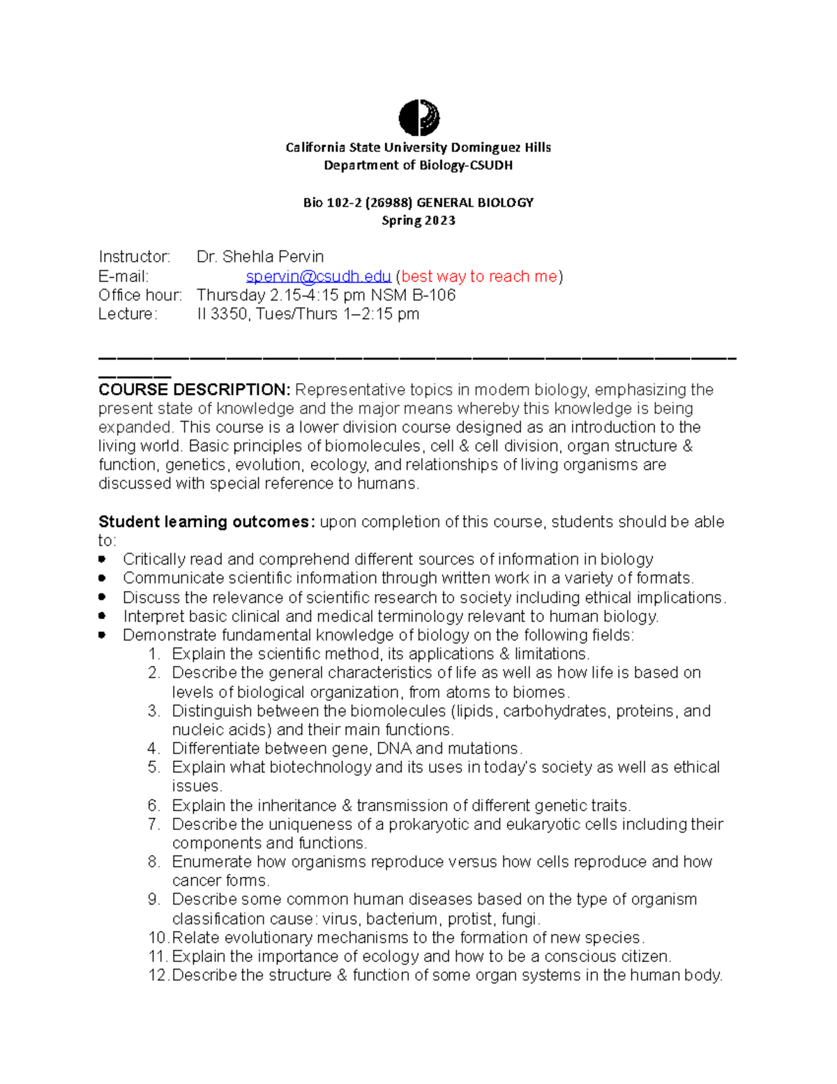 Shehla Pervin Bio102 -02 Syllabus Spring 2023 - California State ...
