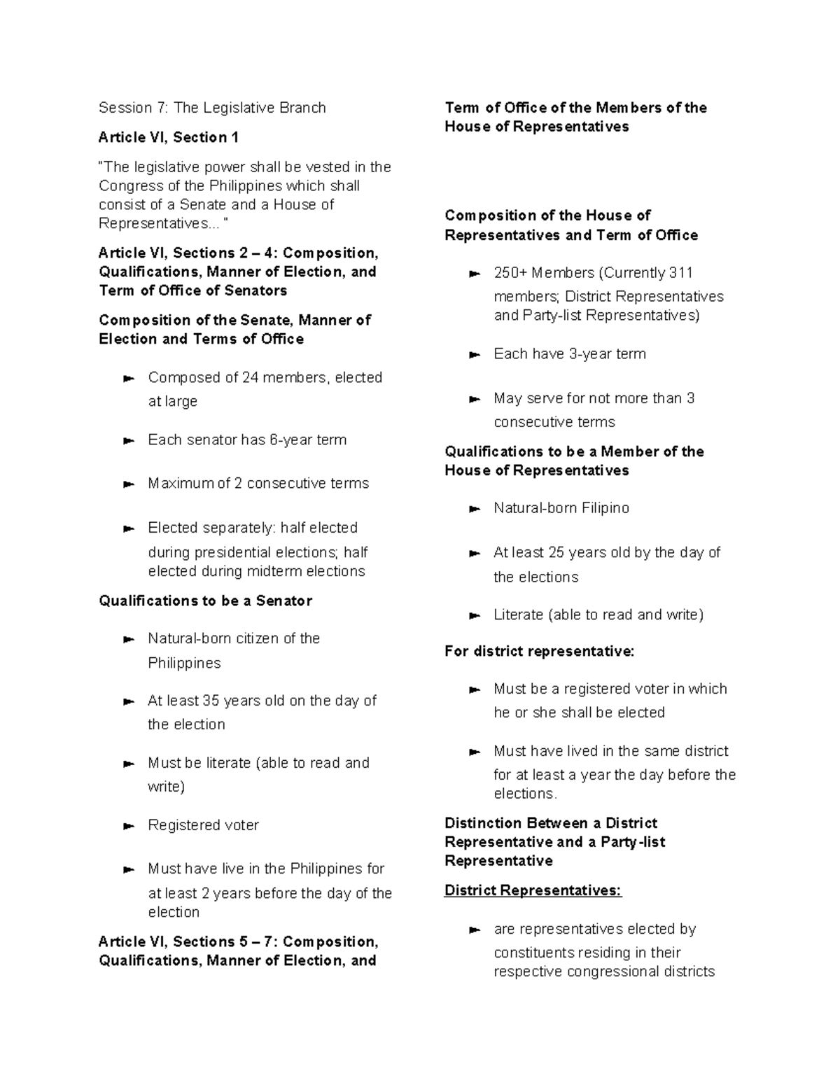 Polgov- Legislative - Session 7: The Legislative Branch Article VI ...