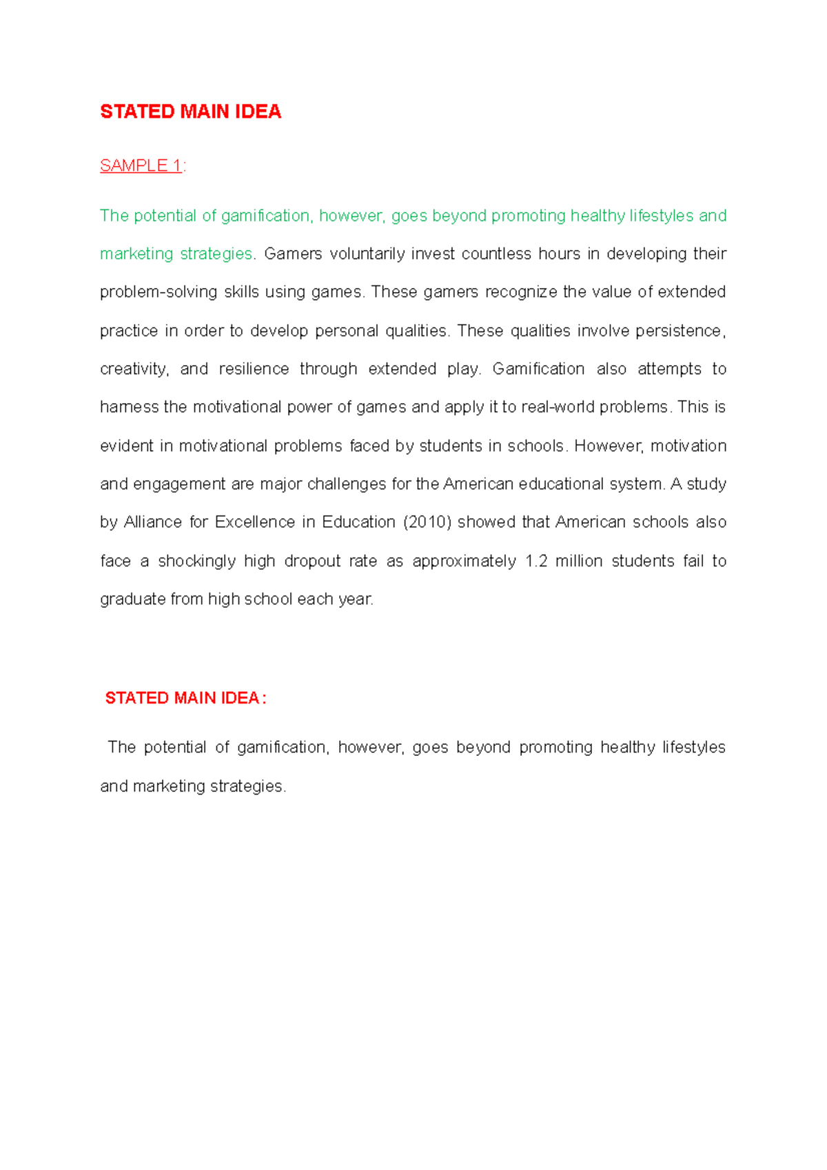 MORE Samples - Stated AND Implied MAIN IDEA - STATED MAIN IDEA SAMPLE 1 ...