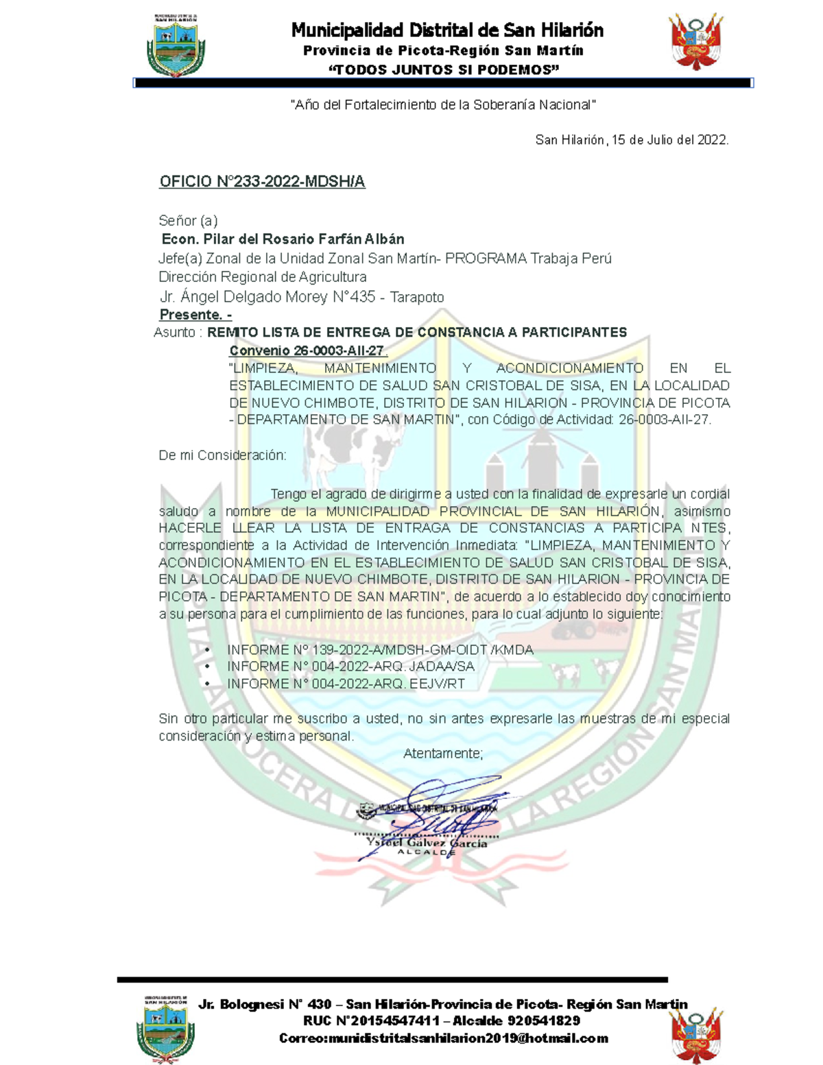 Oficio N 239 Constancias Mariategui - Municipalidad Distrital de San Hilarión Provincia de - Studocu