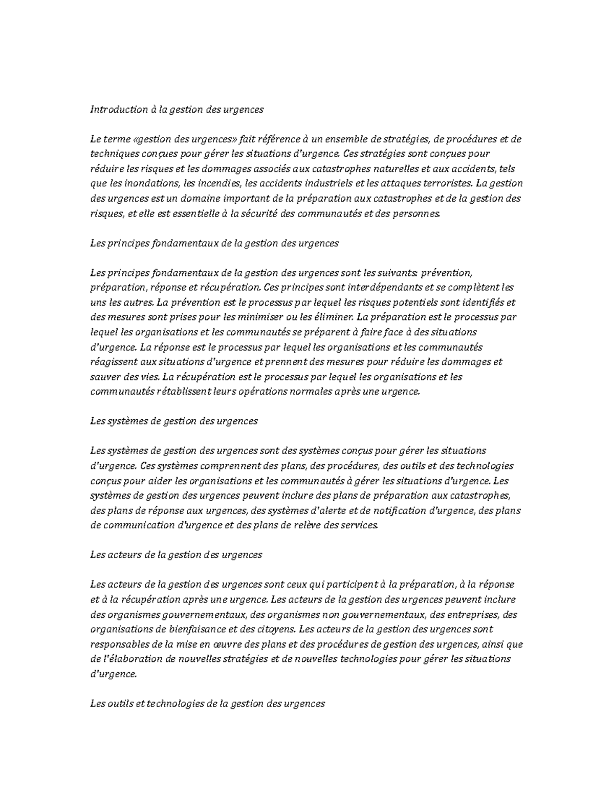 Emergency Management note study - Introduction à la gestion des ...