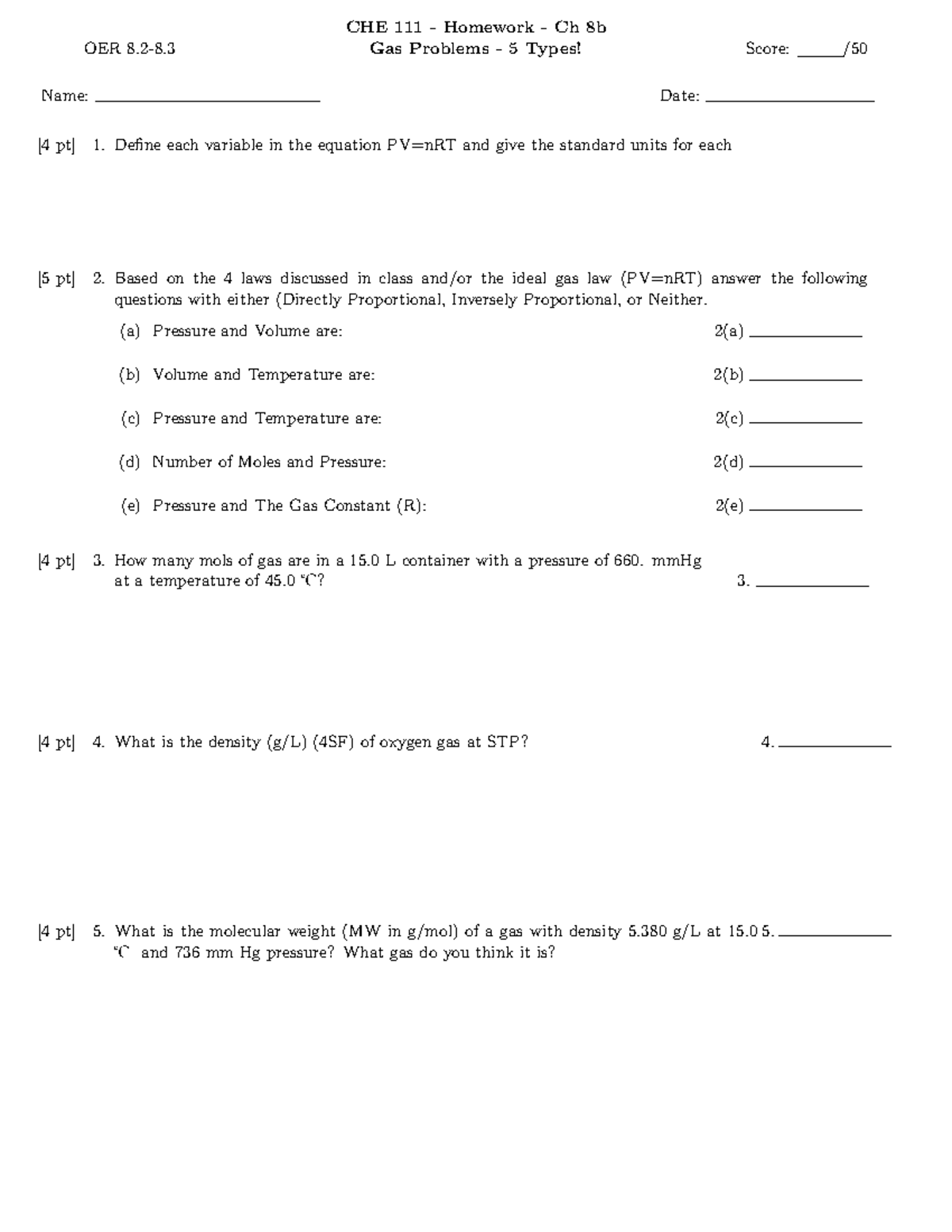CHE111 Homework - homework - OER 8-8. CHE 111 - Homework - Ch 8b Gas Problems - 5 Types! Score ...