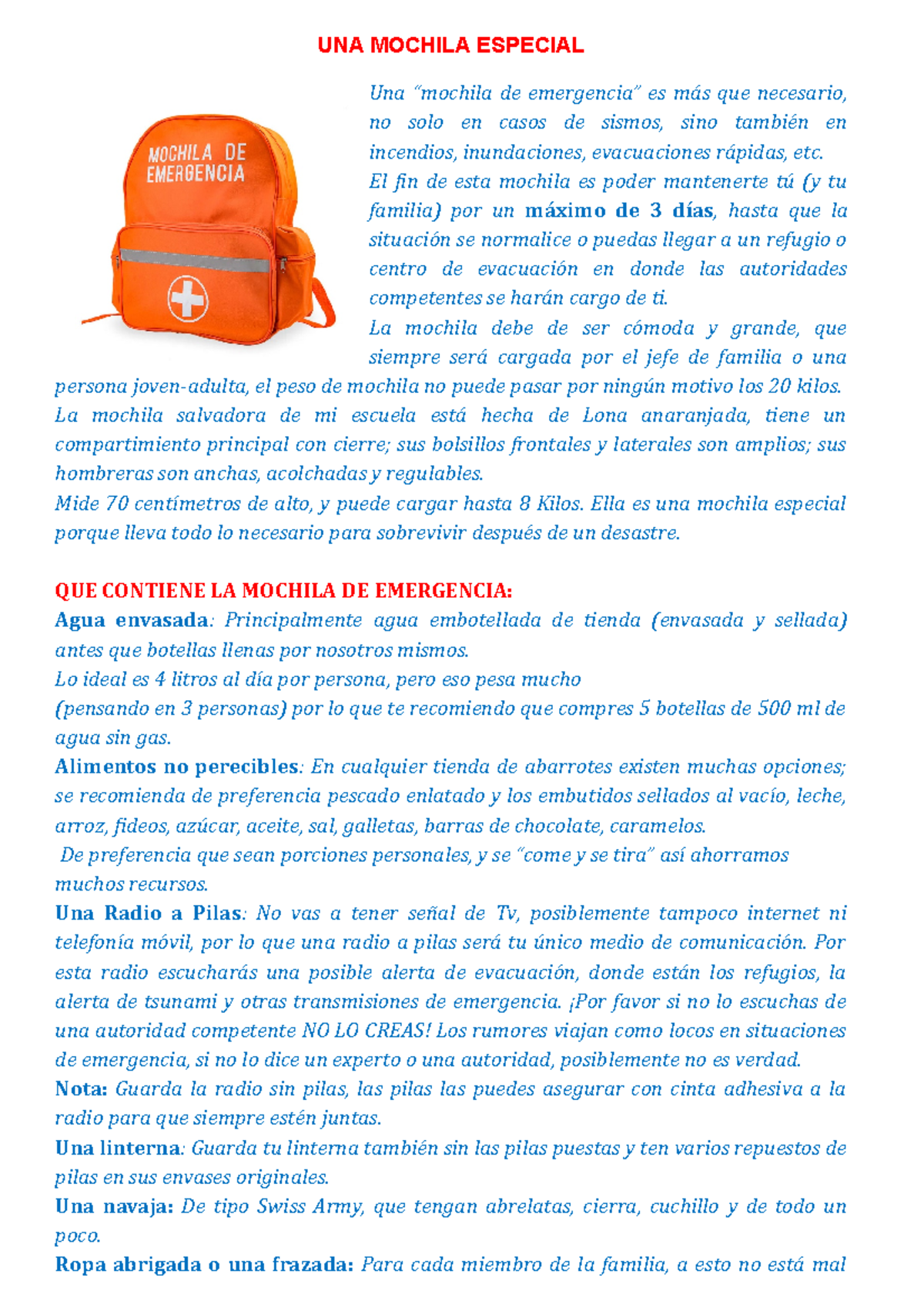 UNA Mochila Especial - LECTURA - UNA MOCHILA ESPECIAL Una “mochila de ...