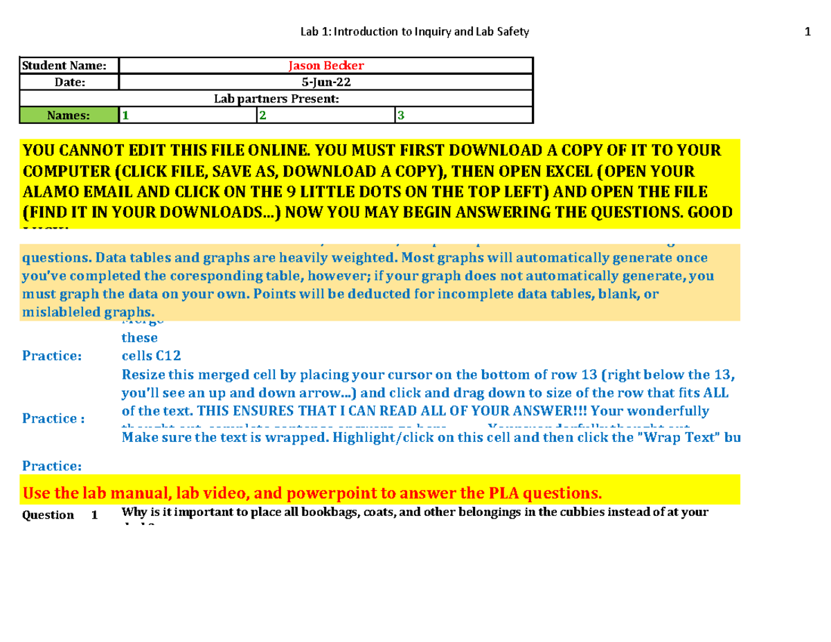 PLA 1 Becker - Intro to Lab Safety and Inquiry Lab 1 - Student Name ...