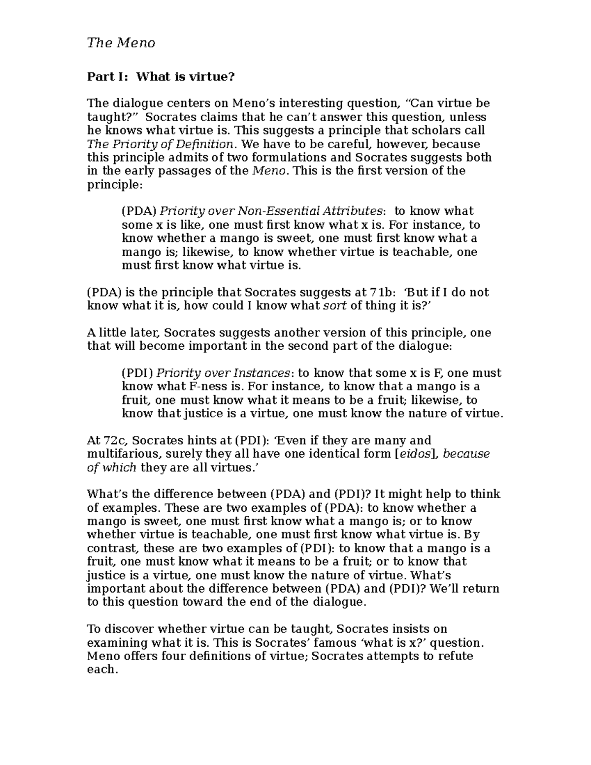 The Meno (outline 2015 ) - The Meno Part I: What is virtue? The ...