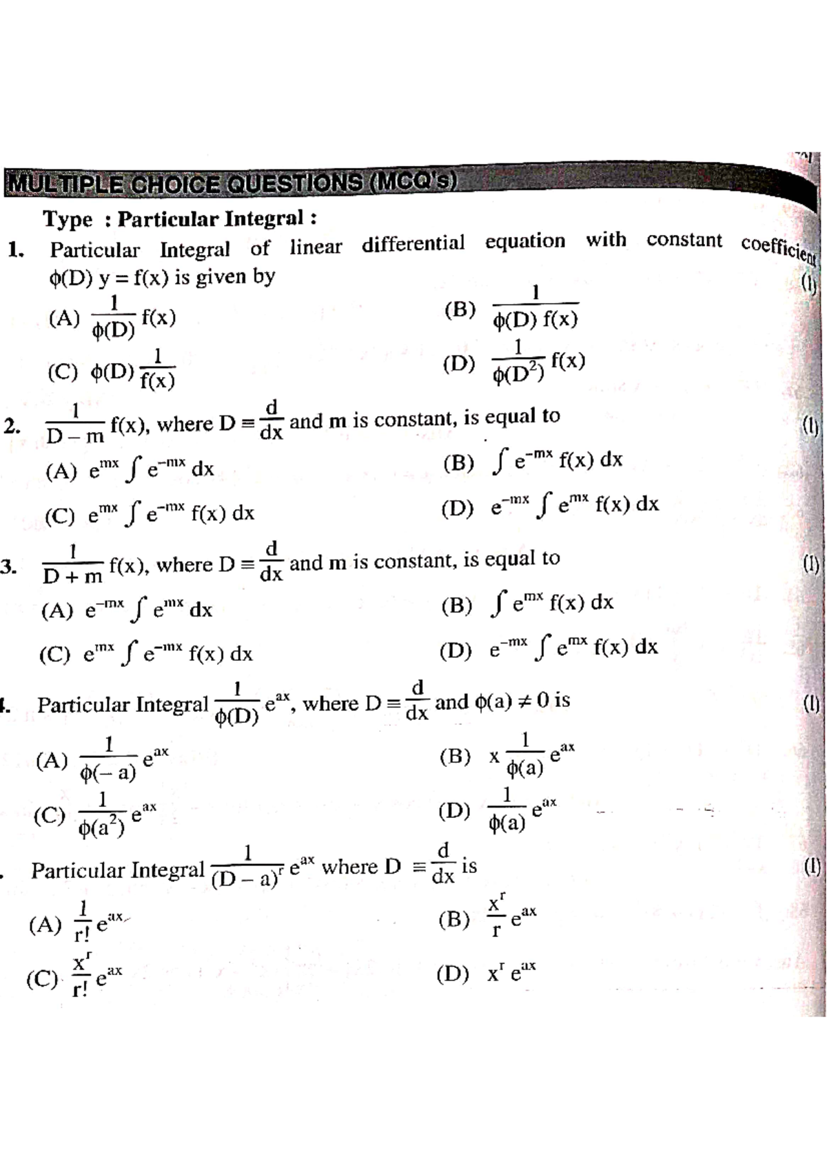 LDE MCQs from Nirali Publication - a Particular Integral of linear differential equation with ...