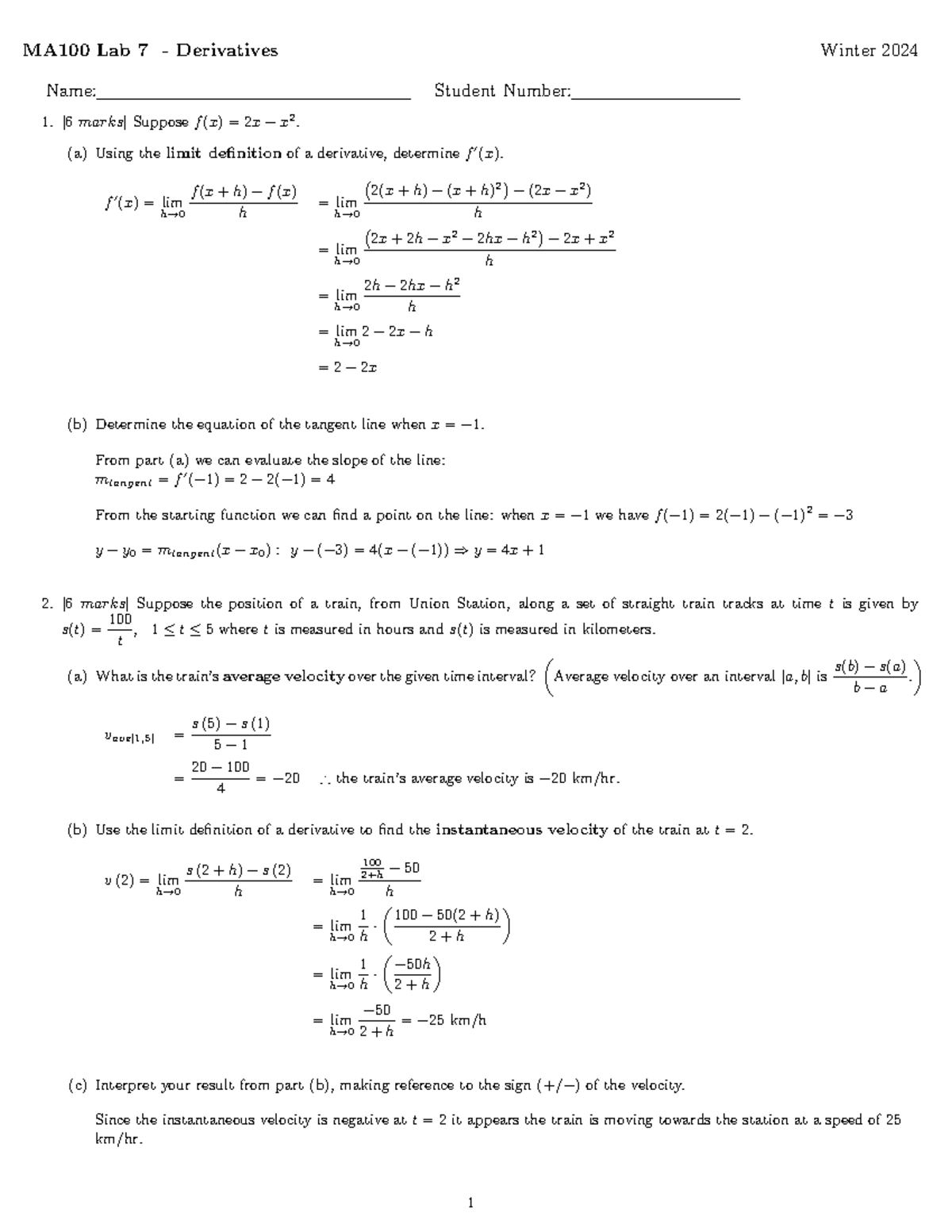 WLU Ma100Lab7Soln - ma100 lab solutions - MA100 Lab 7 - Derivatives Winter 2024 Name: Student ...