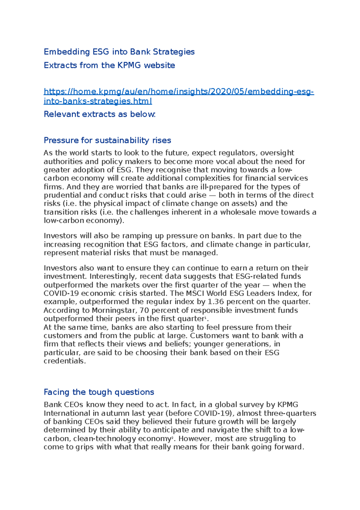 Embedding ESG into Bank Strategies - Embedding ESG into Bank Strategies ...