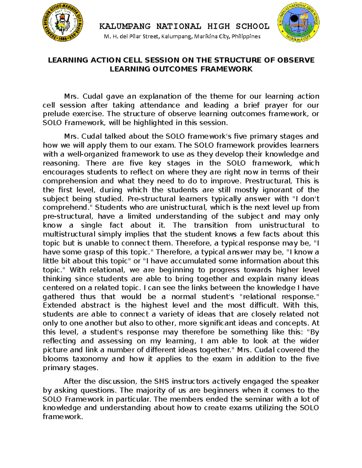 Narrative report SOLO - LAC SESSION - KALUMPANG NATIONAL HIGH SCHOOL M ...