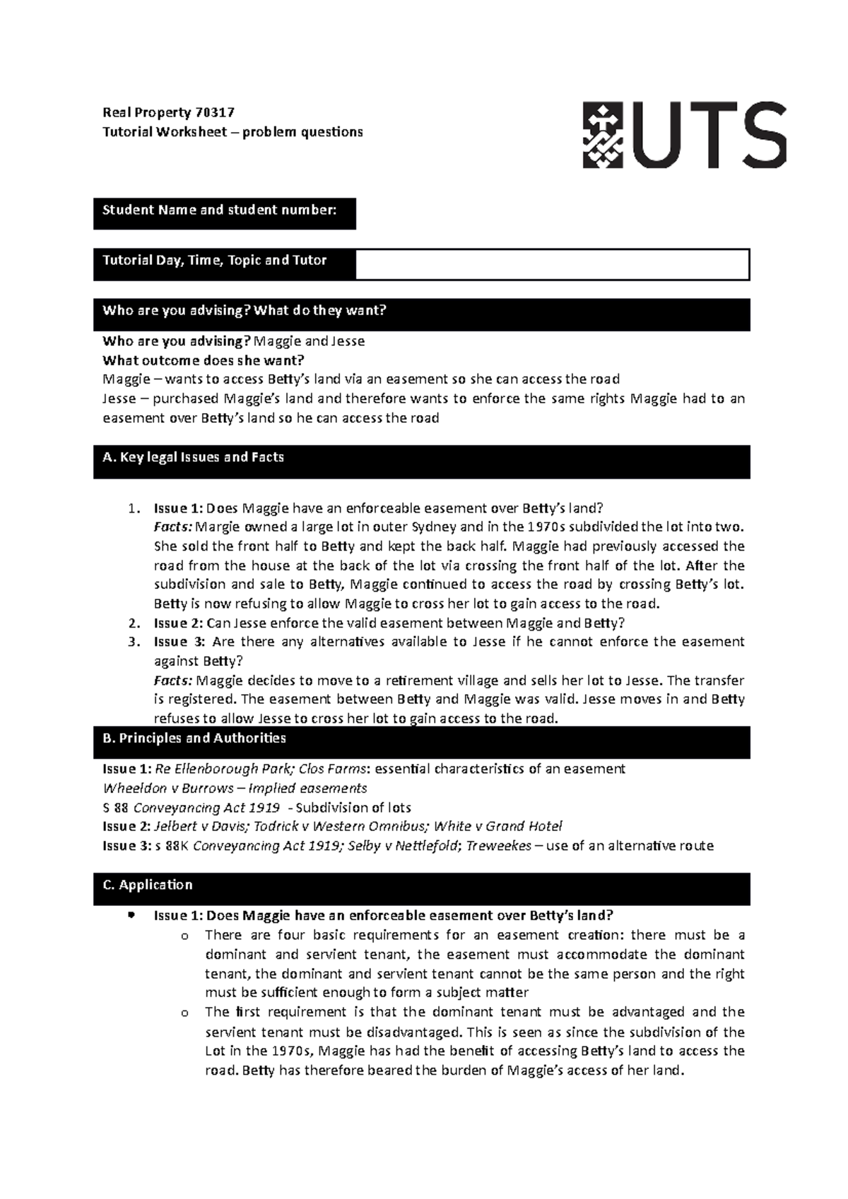 Easements Tutorial Question - Real Property 70317 Tutorial Worksheet ...