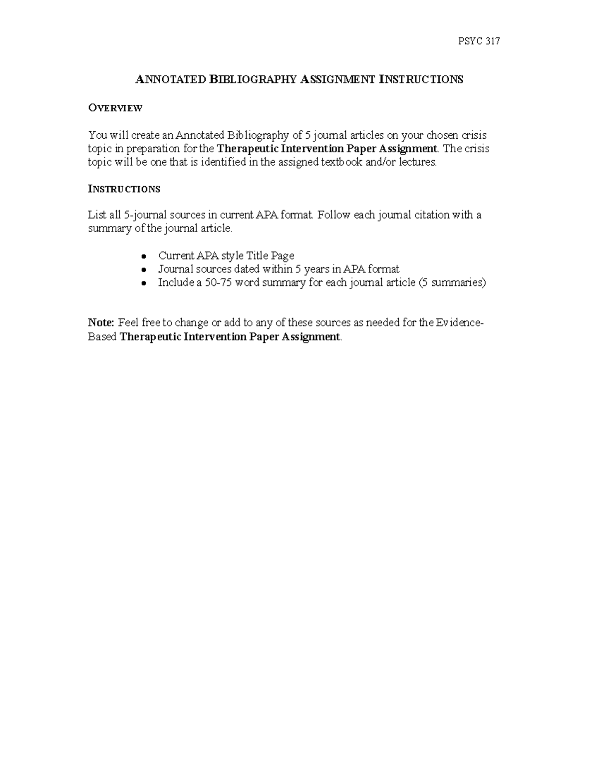 Annotated Bibliography Assignment Instructions Psyc 317 Annotated Bibliography Assignment