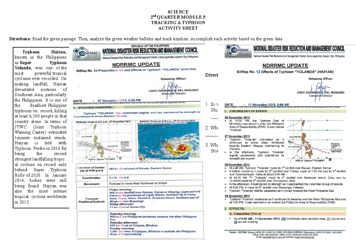 Activity Sheet MOD 5 2ND Quarter - SCIENCE 2 nd QUARTER MODULE 5 TRACKING A TYPHOON ACTIVITY ...