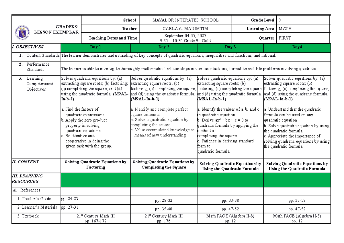 Math-9 Week-2 - lesson plan - GRADES 9 LESSON EXEMPLAR School MAVALOR ...