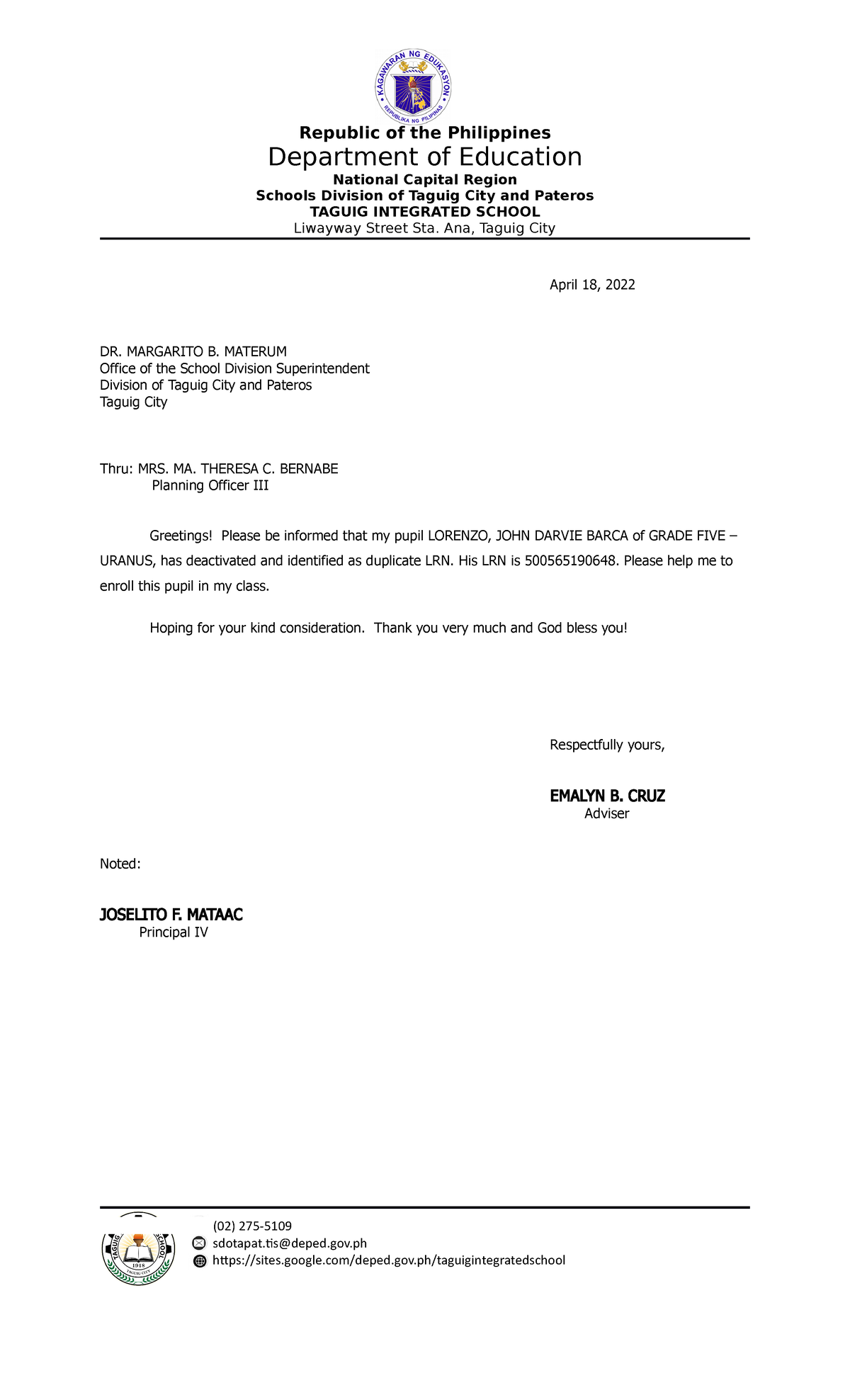 LIS Letter FOR Deactivate LRN - Republic of the Philippines Department ...