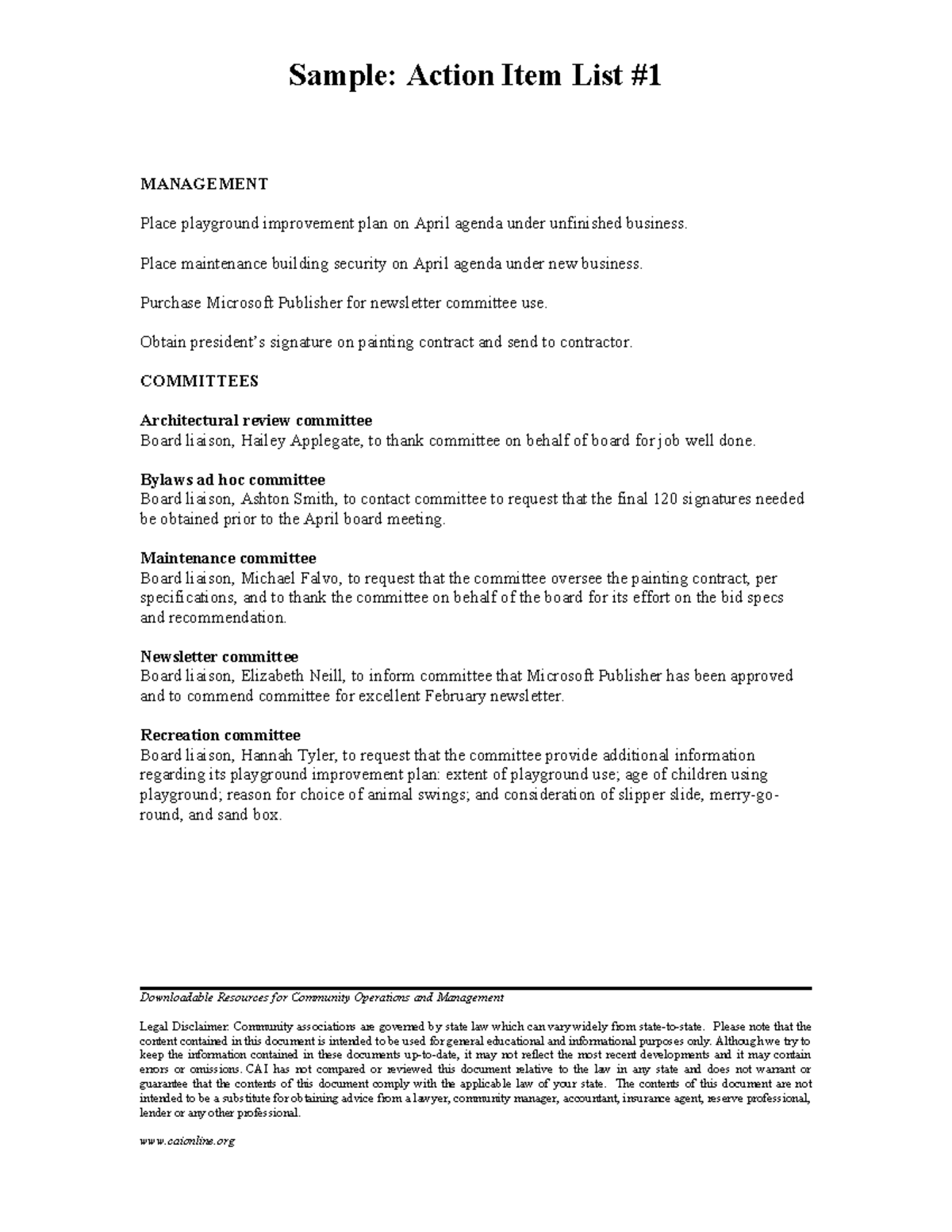 Sample action item lists - Sample: Action Item List MANAGEMENT Place ...