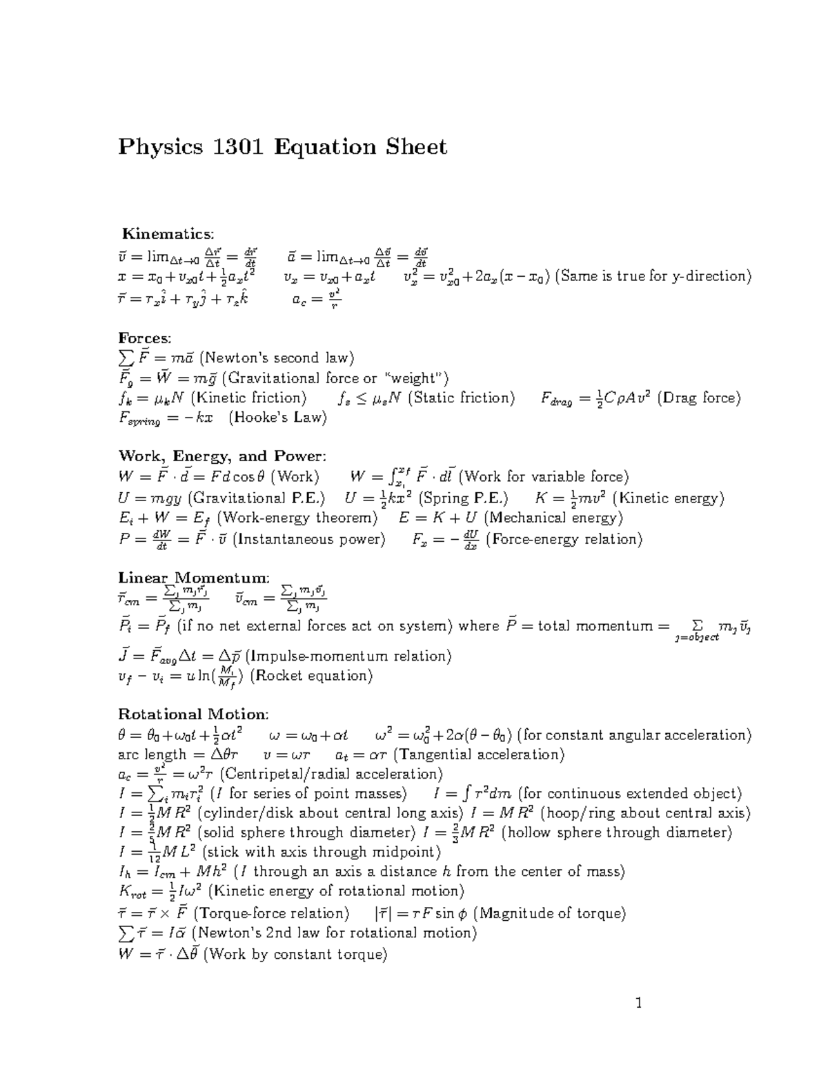 Quiz 4 Practice Quiz - Physics 1301 Equation Sheet Kinematics: v = lim∆ ...