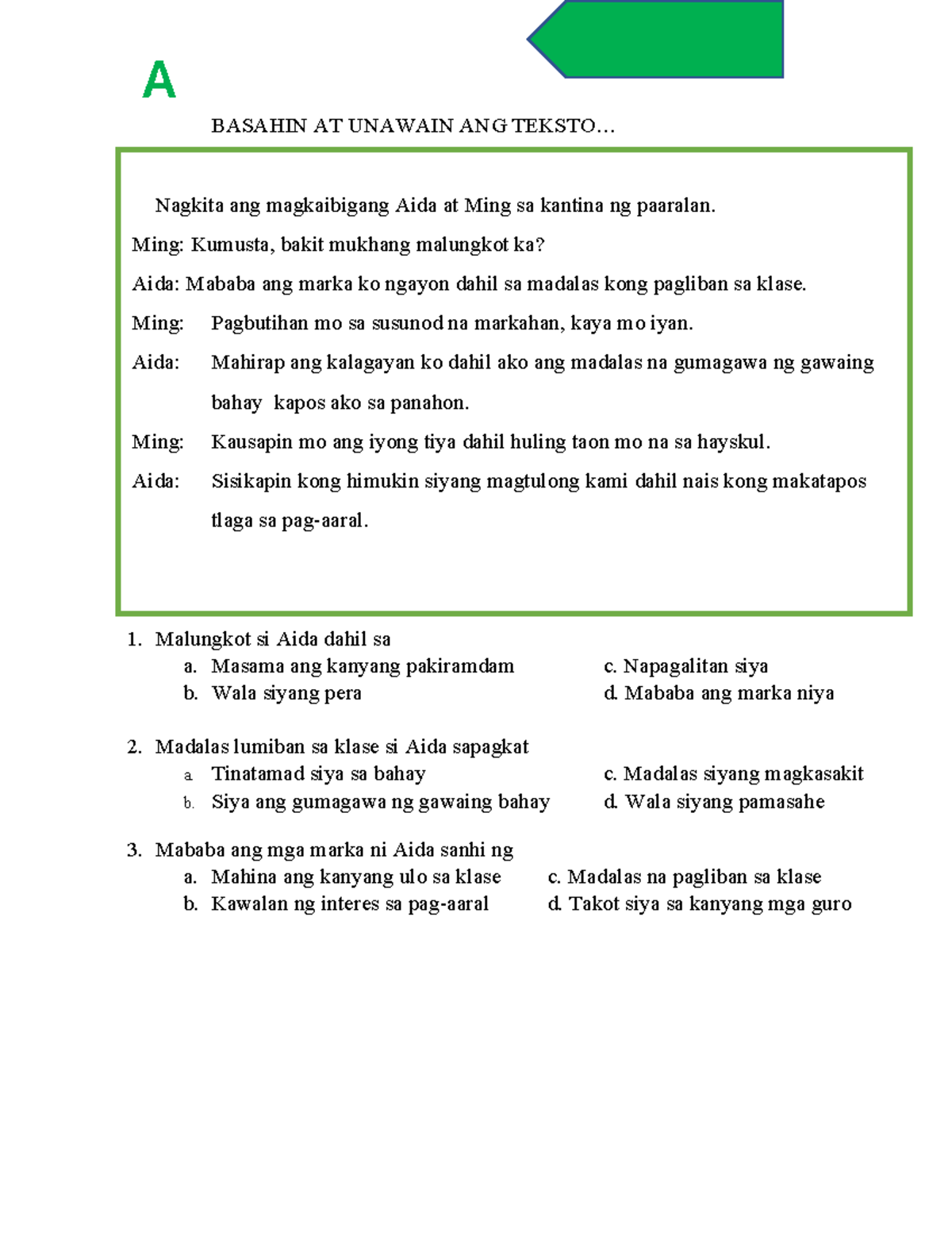 Reading comprehension sa Filipino Edited - BASAHIN AT UNAWAIN ANG ...
