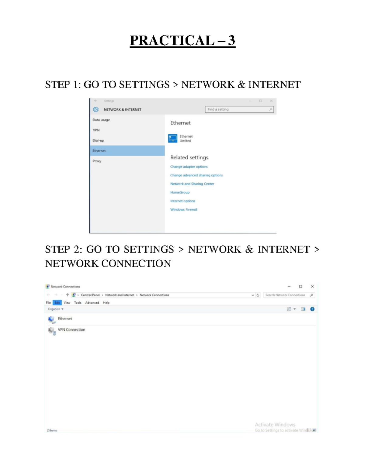 Practical 3 Final - asas - PRACTICAL – 3 STEP 1: GO TO SETTINGS > NETWORK & INTERNET STEP 2 ...