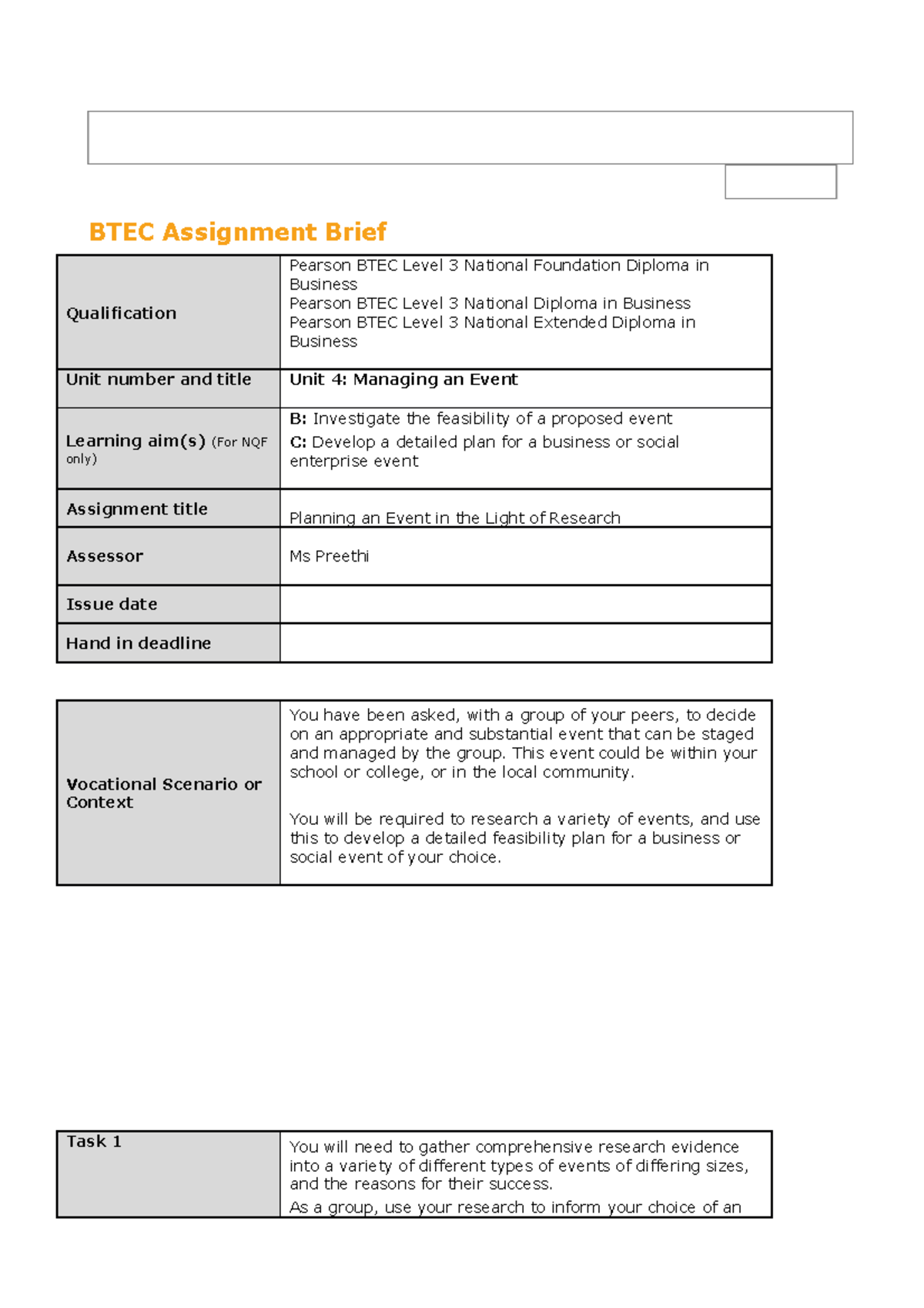 Assignment 2 - Brief - ........... - BTEC Assignment Brief Qualification Pearson BTEC Level 3 ...