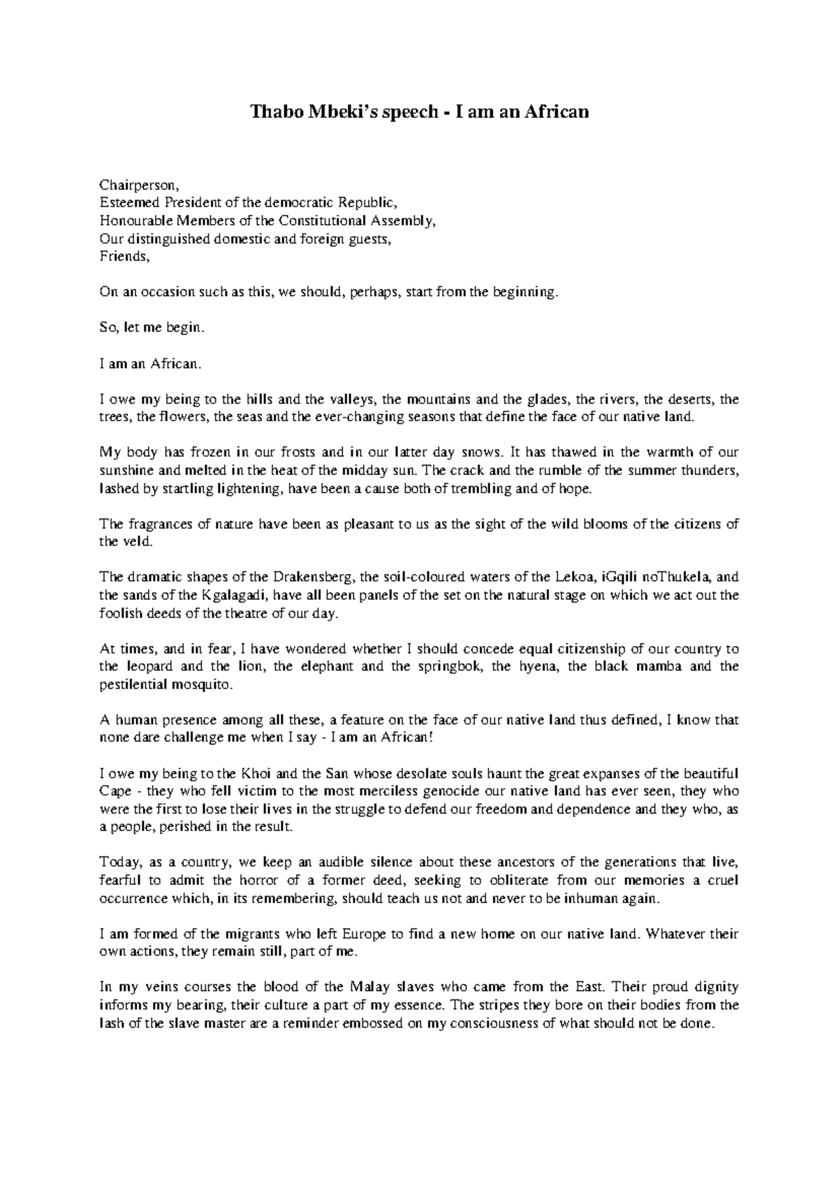 Thabo Mbeki Iam an AfricanAfrican National Congress - Thabo Mbeki’s ...