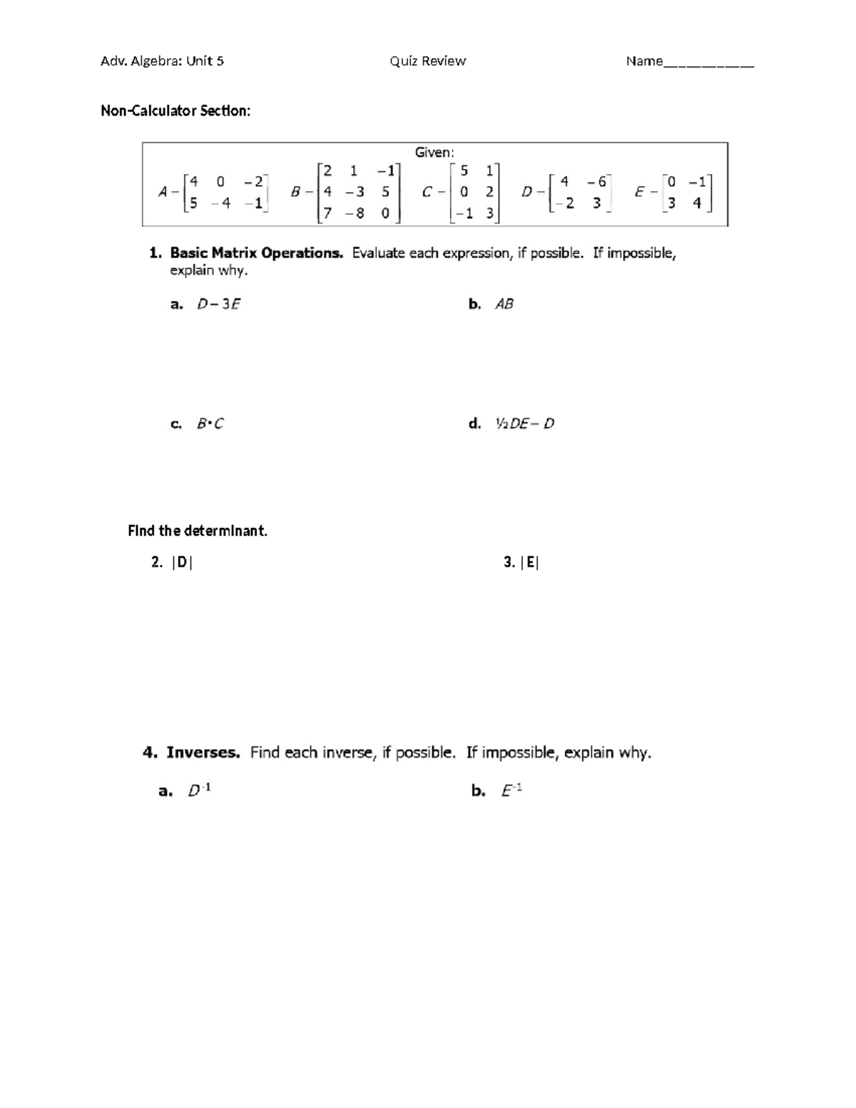 algebra math 245 - Adv. Algebra: Unit 5 Quiz Review Name ...