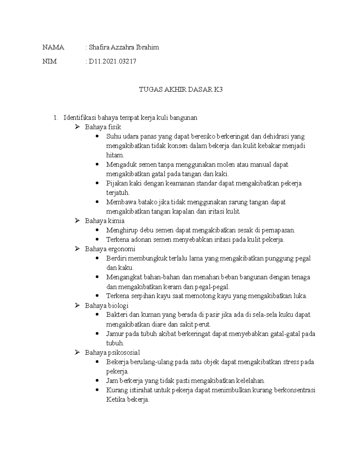 Tugas Akhir Dasar K3 - Makalah. - NAMA : Shafira Azzahra Ibrahim NIM ...