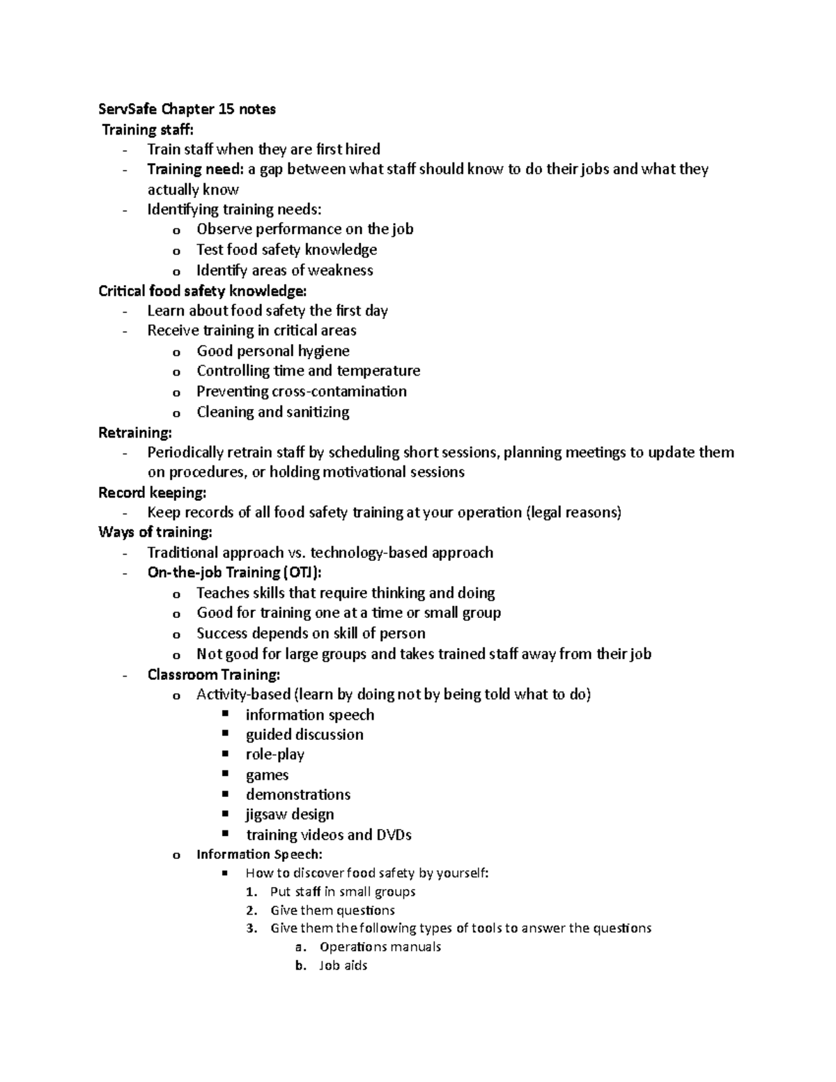 Serv Safe Chapter 15 notes - ServSafe Chapter 15 notes Training staff ...