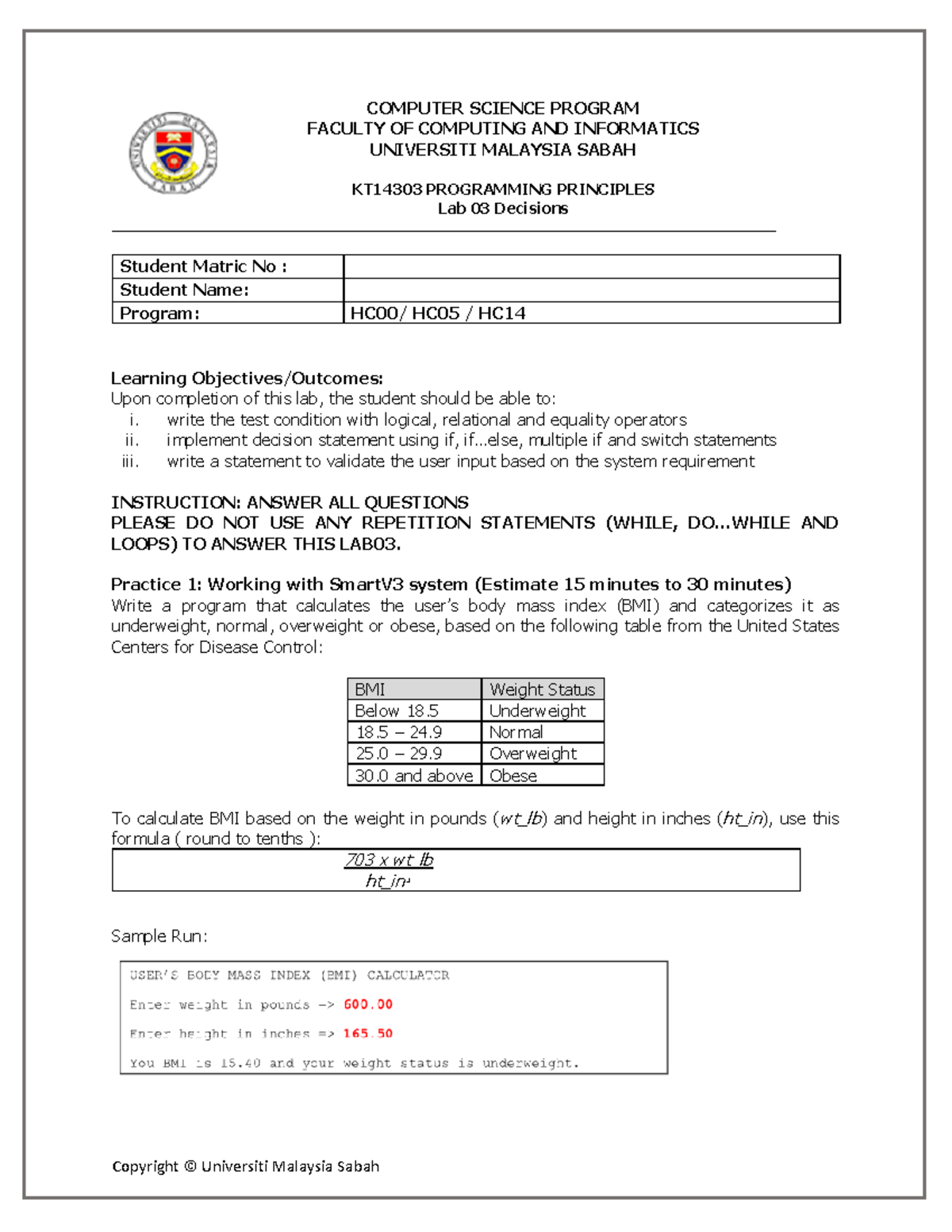 KT14303 LAB 3 Question - LAB Q3 - Copyright © Universiti Malaysia Sabah - Studocu