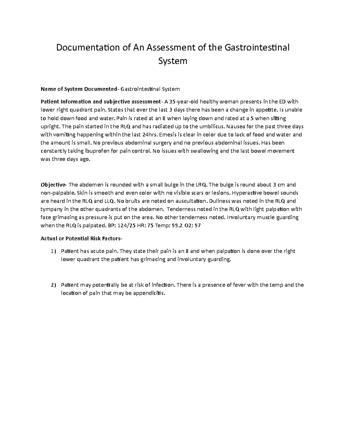 Gastrointestinal document assignment - Documentation of An Assessment ...