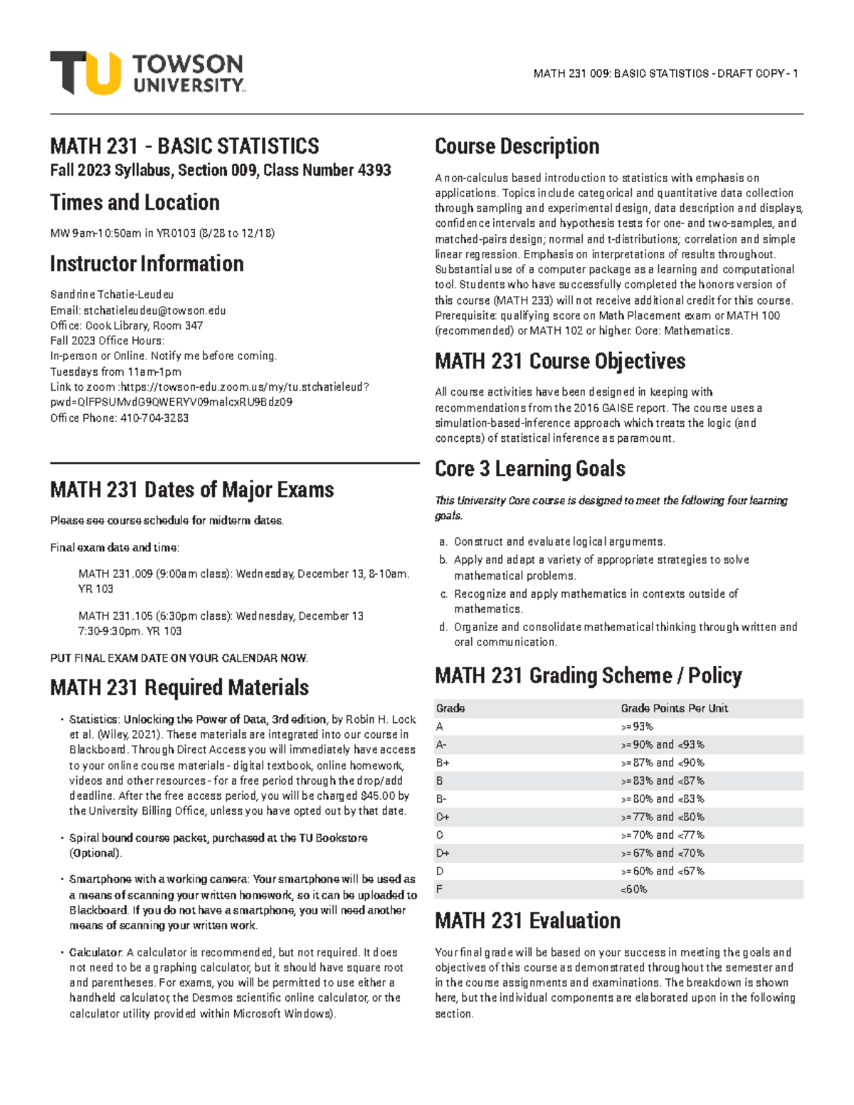 Statistics Syllabus - MATH 231 009: BASIC STATISTICS - DRAFT COPY - 1 ...