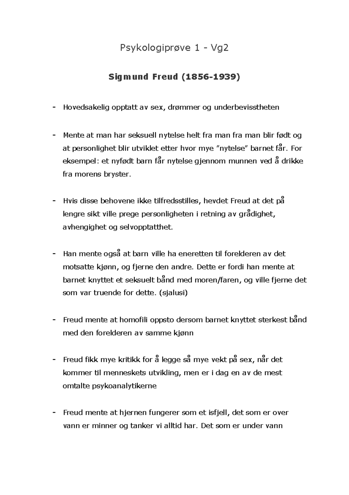 Psykologiprøve 1 - prøve - Psykologiprøve 1 - Vg Sigmund Freud (1856 ...