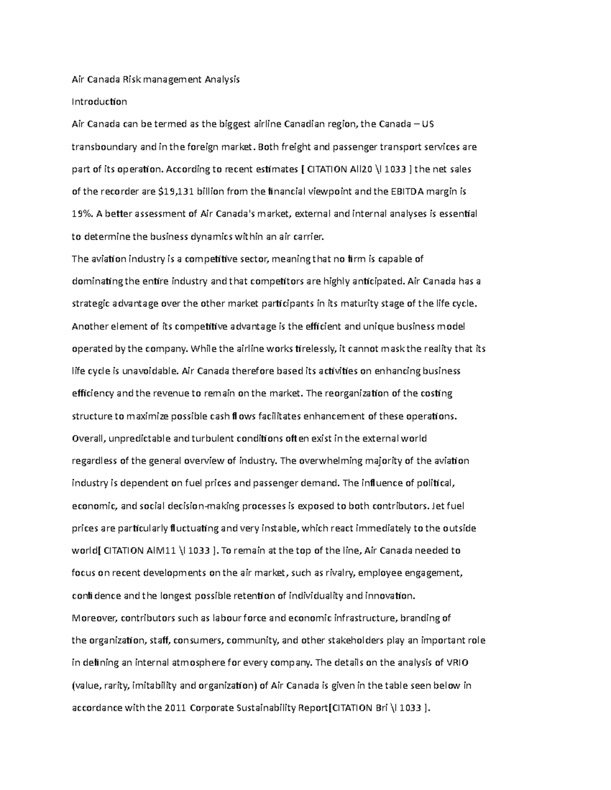 Air Canada Risk management Analysis - Air Canada Risk management ...