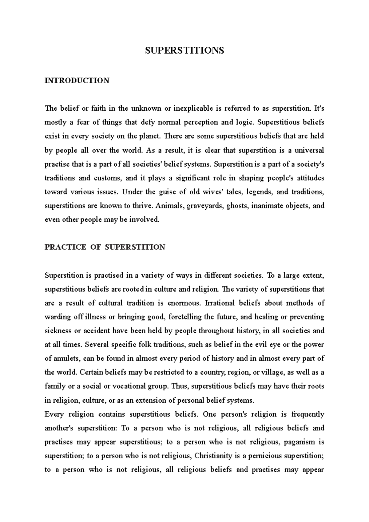 Superstitions - Lecture notes 7 - SUPERSTITIONS INTRODUCTION The belief ...