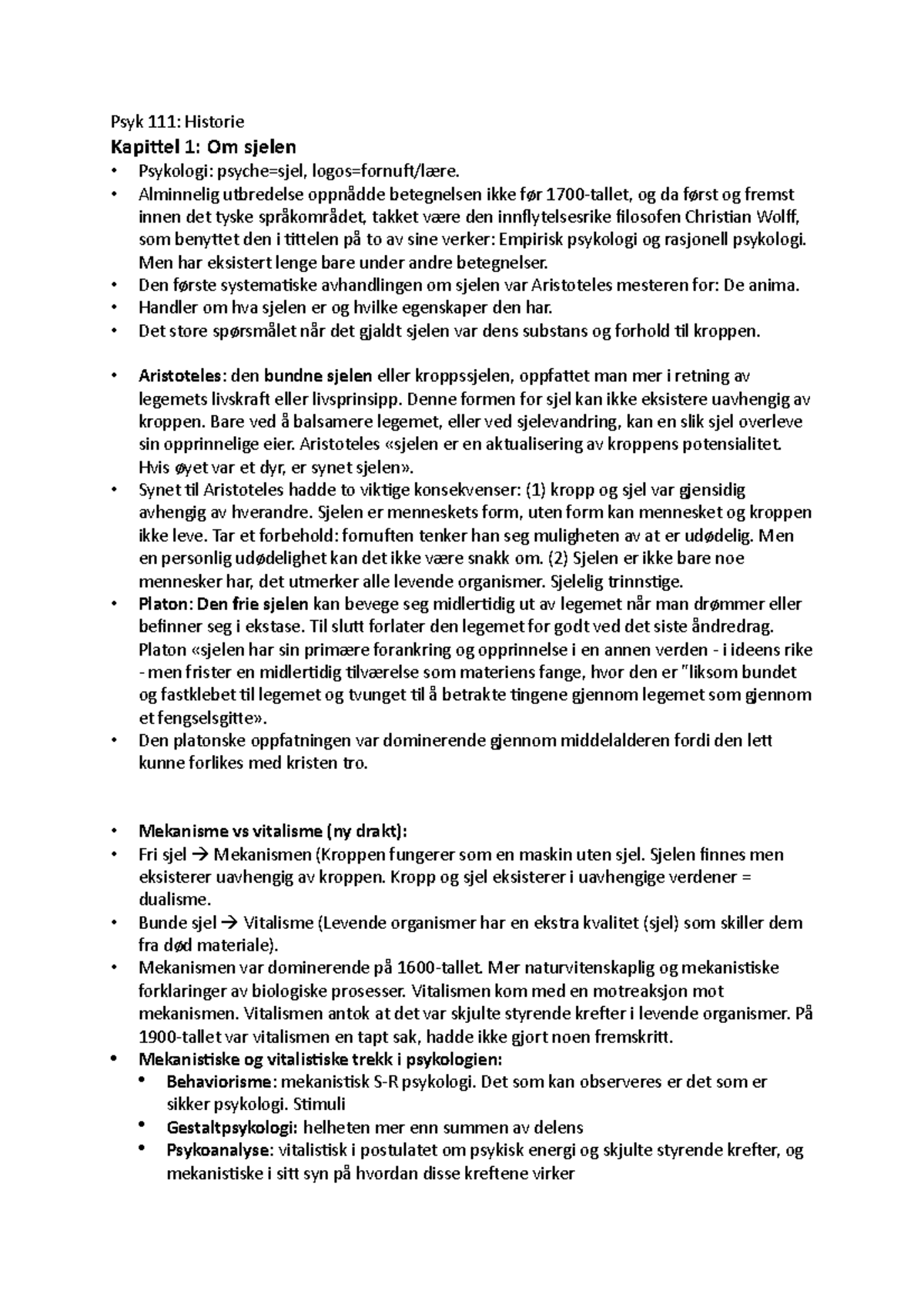 Psyk 111 historie - Psyk 111: Historie Kapittel 1: Om sjelen Psykologi ...