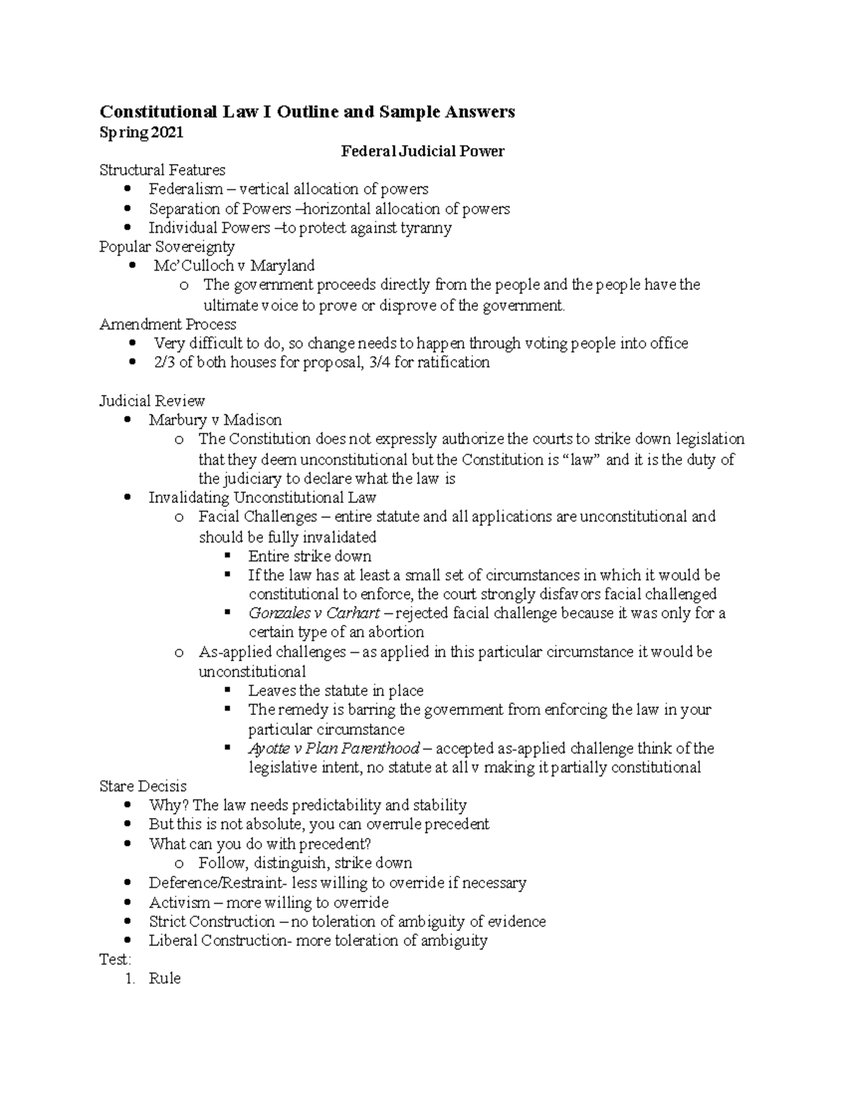 Con Law Midterm Prep Answers - Constitutional Law I Outline and Sample ...