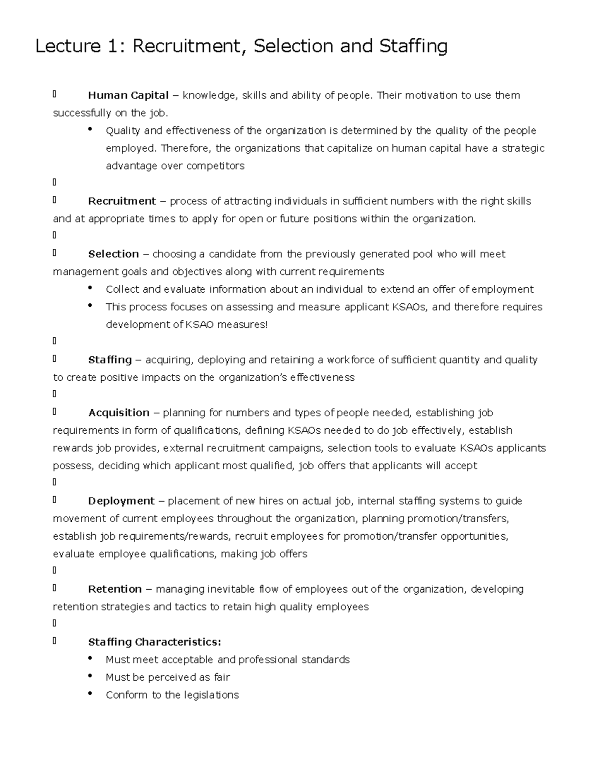 Week 1 - Lecture notes 1 - Lecture 1: Recruitment, Selection and ...