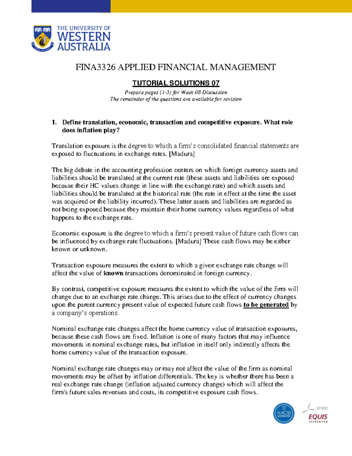 Tutorial Solutions 07 2024 - FINA3326 APPLIED FINANCIAL MANAGEMENT ...