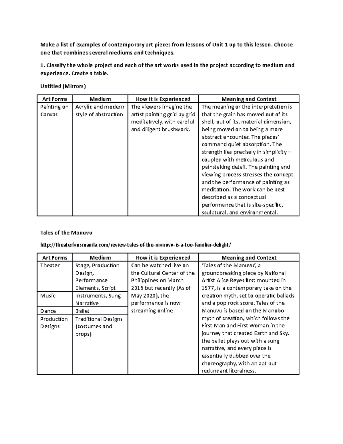 Activity #1 cpar - sdfg - Make a list of examples of contemporary art ...