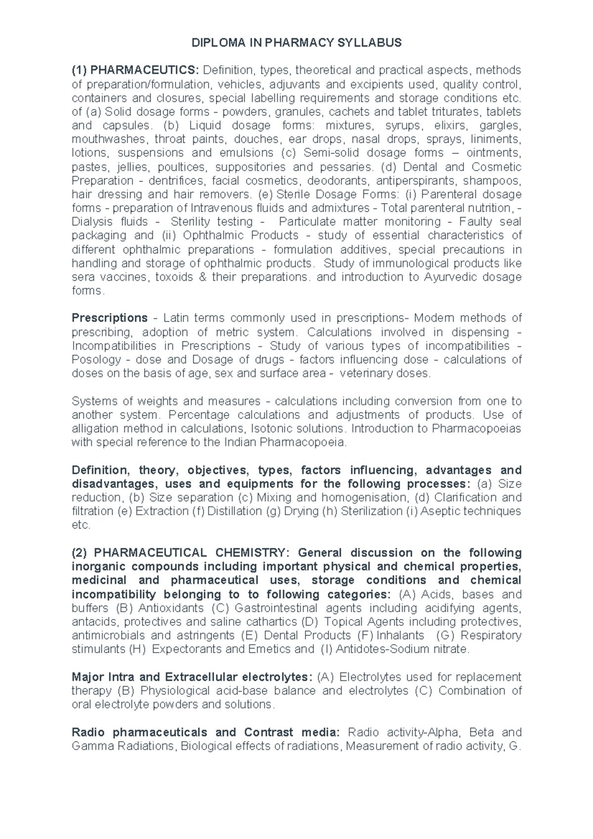 DPharm Syllabus - Syallabus for Pharmacy exam - DIPLOMA IN PHARMACY ...