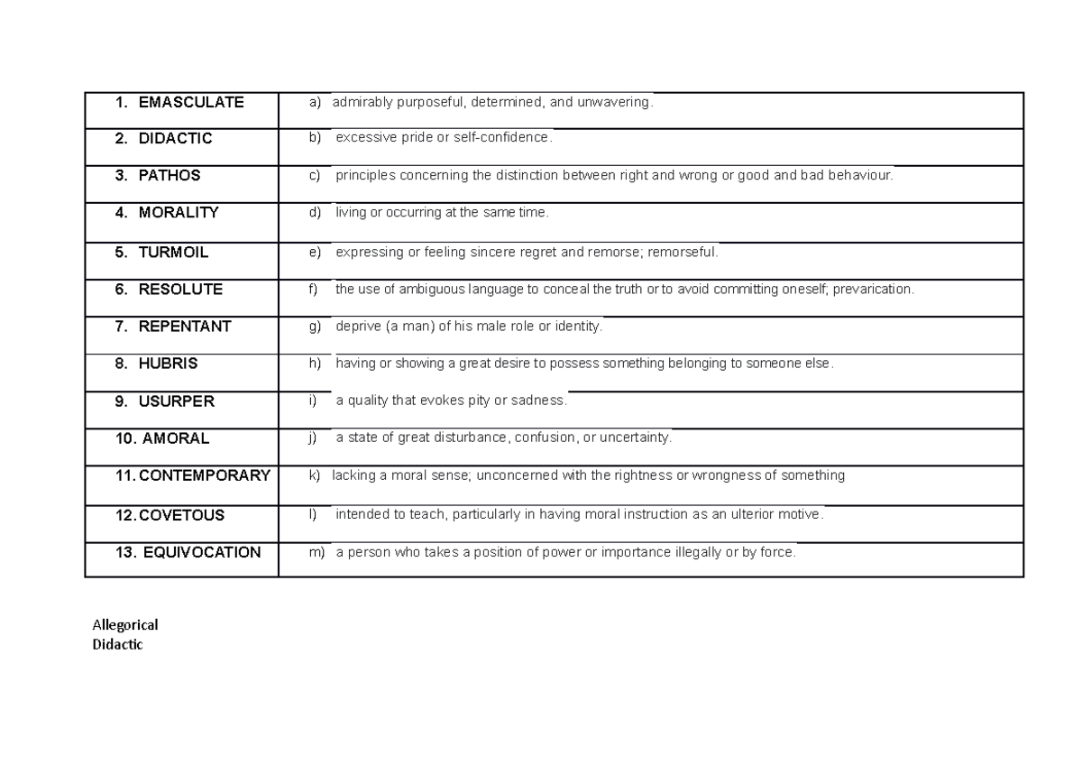 Macbeth vocab 2 - 1. EMASCULATE a) admirably purposeful, determined ...